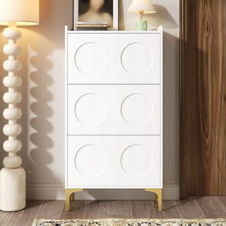 Generic Schuhschrank weiß 3 Ebenen goldene Metallfüße verstellbare Böden Dämpfungsscharniere offene Fächer Schublade abgerundete Oberkante Flurmöbel Garderobe