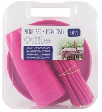 Vom Pullach Hof Picknick Set 31 teilig Besteckset Becher Teller Messer Gabel L&ouml;ffel Transportbox Picknickset Besteck Outdoor (rosa)