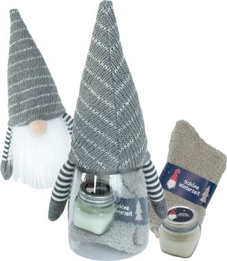 KDA Wichtelgeschenk Greta - Kerze & Kuschelsocken im Wichtel-Design in wiederverwendbarer Wichteldose Freunde, Kollegen, Lieblingsmenschen (Gunna (grau))