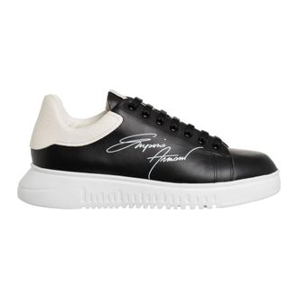 Emporio Armani Homme, Chaussures, Noir, Taille: 46 EU Baskets en cuir à lacets et motif uni