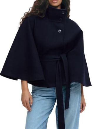 EUDOLAH Femmes Poncho &Eacute;l&eacute;gant Poncho Cape &agrave; Col Montant et Boutons pour Lautomne et lhiver &Eacute;l&eacute;gante &Eacute;charpe Cape avec Ceinture (S, Bleumarine)
