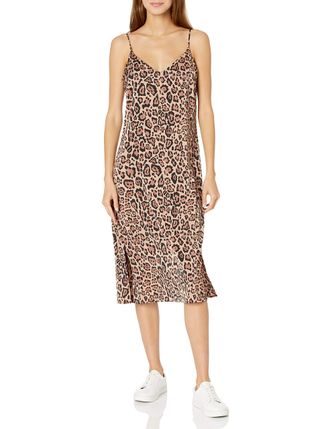 The Drop Damen Ana Midi-Kleid, V-Ausschnitt, seidiger Slip-Dress-Stil, Leopardenmuster, XXS