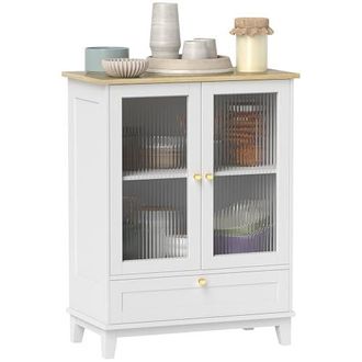 HOMCOM Buffet en verre &agrave; 2 portes avec tiroir et &eacute;tag&egrave;re r&eacute;glable - HOMCOM pour chambre &agrave; coucher et salon - Blanc et ch&ecirc;ne - 68 x 35 x 85 cm