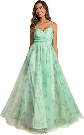 Ever-pretty Robe de Soirée Été Longue Femme Tulle Imprimé Bretelles sans Manches Col V Taille Empire Robe de Demoiselle dhonneur Chic Verte Menthe 40