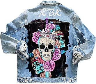 Onsoyours Femmes Veste Casual Loose Denim Motif Graffiti Déchiré Manches Longues Blouson Jean Boutons Jacket Coat Outwear C Bleu M