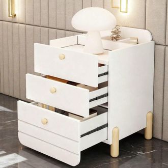 Generic Nachttisch in Weiß | Mit 3 geräuschlosen Schubladen & Einlegeböden | Exklusive holzfarbene Füße | Minimalistisches Design für Wohn- & Schlafzimmer