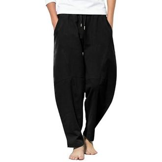 Generic Pantalon surdimensionn&eacute; en coton et lin pour homme - Pantalon &agrave; neuf points - Sac avant - Droit - Couleur unie - Confortable - Respirant - D&eacute;contract&eacute;