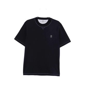 Brunello Cucinelli Homme, Tops, Bleu, Taille: L T-shirt bleu marine brodé col rond