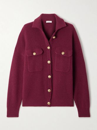 Brunello Cucinelli Cardigan En Laine, Cachemire Et Soie Mélangés Côtelés - Bordeaux
