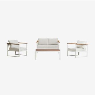 Sklum Sklum - Ensemble de jardin compos&eacute; dun canap&eacute; 2 places, de 2 fauteuils et dune table basse en aluminium et bois dacacia Lipov. Blanc Gardenia