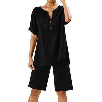 Generic Ensemble 2 pi&egrave;ces d&eacute;contract&eacute; pour femme avec chemisier &agrave; col en V et pantalon large &agrave; taille &eacute;lastique, Noir, XXL