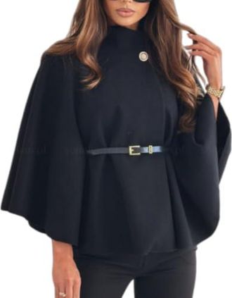 Generic Ponchos à manches chauve-souris pour femmes, capes à col haut de couleur unie avec ceinture, cape à col montant, Noir, XXL