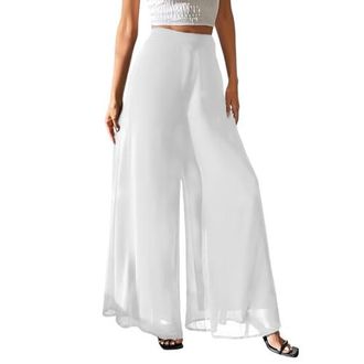 Generic Robe de plage en mousseline de soie pour femme - Pantalon palazzo ample et &eacute;l&eacute;gant - Taille &eacute;lastique avec poches, blanc, XXL
