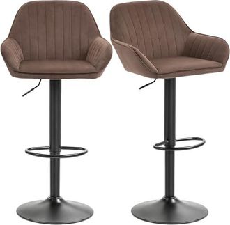 HOMCOM Set of 2 Swivel Bar Stools, High Kitchen Stools with Adjustable Height 87-107 cm, High Kitchen Chairs, Velvet Upholstery, Backrest and Footrest, Brown