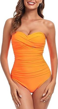 Relleciga Maillot de Bain Une pièce sans Bretelles pour Femme, Orange, Taille L