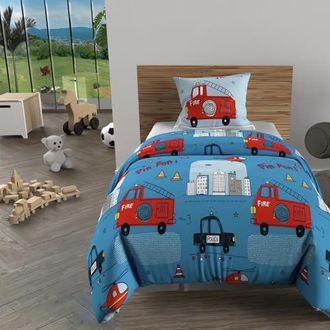 Soleil d'Ocre Parure Housse de Couette 140x200 cm Pompiers Bleu, 100% Coton 57 Fils/cm2