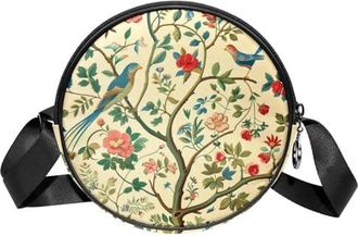 Generic Sac &agrave; bandouli&egrave;re rond pour femme, motif branches, fleurs, oiseaux, petit sac &agrave; bandouli&egrave;re avec fermeture &eacute;clair et bretelles r&eacute;glables