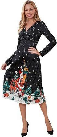 Generic Robe De Noel Femme Manches Longues, Robe De Noël Femme Col V Mini Imprime Decontracte Costume De Pere Noël Coupe Tendance Cocktail Dress Loisirs Cool 