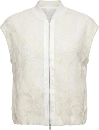 PESERICO Femme, Vestes, Blanc, Taille: 34 FR Gilet Brod&eacute; de Fleurs