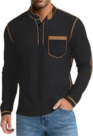 Generic Henley Chemises pour homme avec poche - T-shirt gaufr&eacute; &agrave; col montant - T-shirt &agrave; manches longues - T-shirt de golf d&eacute;contract&eacute; et respirant - Coupe dr