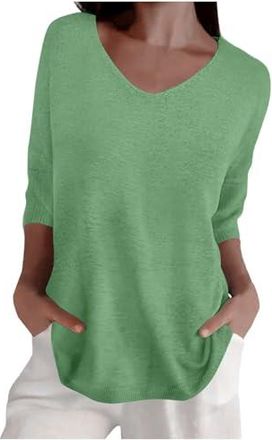 Generic 2026 Nouveau printemps d&eacute;contract&eacute; manches 3/4 couleur unie col en V pull ample tricot automne pulls tops, Vert, XXL