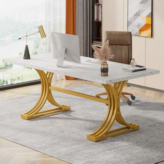 Tribesigns Tribesigns - Bureau Table dordinateur, 160 x 80 x 75 cm Table de Bureau Moderne pc Table de Travail Table de Salle &agrave; Manger avec Pieds dor&eacute;s pour