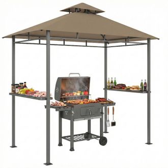 OUTSUNNY Abri barbecue ext&eacute;rieur - Outsunny - double toit, 2 &eacute;tag&egrave;res lat&eacute;rales - cadre en m&eacute;tal - 245x146x255cm - marron