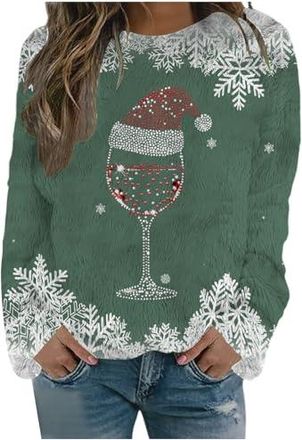 Generic Sweat-shirt de No&euml;l d&eacute;contract&eacute; &agrave; col rond et manches longues avec imprim&eacute; velours double face pour femme, Vert, XXL