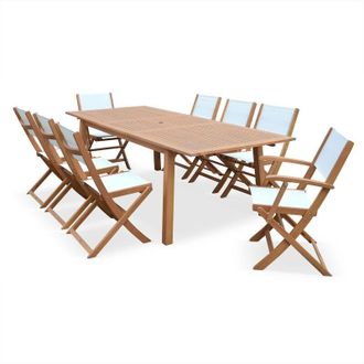 Sweeek Salon de jardin en bois Almeria. grande table 180-240cm rectangulaire 2 fauteuils 6 chaises eucalyptus et textil&egrave;ne Bois / Blanc