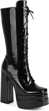 Generic Bottes mi-mollet &agrave; lacets avec bout carr&eacute; et talon &eacute;pais pour femme, Noir, 39.5 EU