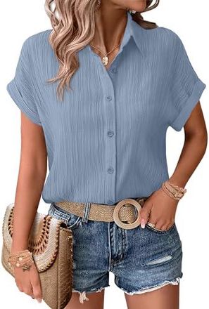 Zeagoo Chemisier à manches courtes en mousseline pour femme - Col en V - Couleur unie - Élégant - Décontracté, bleu clair, L