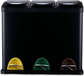Relaxdays Mülleimer, 3 Fächer, 24L, Fußpedal, Inneneimer, Mülltrenner Küche, HBT: 39,5 x 46 x 26,5 cm, Eisen, schwarz