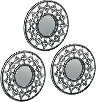 Relaxdays Spiegel 3er Set, runde Zierspiegel, Ø 25cm, Wohnzimmer, Schlafzimmer, Flur, Dekospiegel Ornamente, Silber-grau