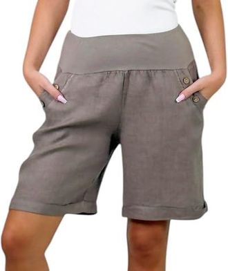 Mississhop Bermuda court en lin - Ample - Pour femmes - 100 % lin - Avec boutons - Pour lété et la plage, Fango avec trois boutons., 38