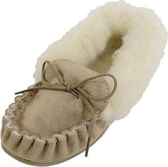 Absolute Footwear Mocassins &agrave; Enfiler en Peau de Mouton avec Manchette en Laine et Semelle en Caoutchouc Fabriqu&eacute; au Royaume-Uni - Beige - Beige, 39 EU