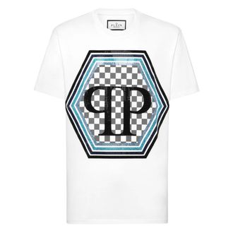Philipp Plein Homme, Tops, Blanc, Taille: XL T-shirt Col Rond Hexagone