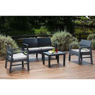 Dmora Dmora - Set salon dext&eacute;rieur Carpi, Salon de jardin compos&eacute; de 2 fauteuils, 1 canap&eacute; et 1 table basse, Coin salon effet rotin avec coussins, 100%
