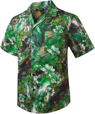 Hisdern Chemise Hawa&iuml;enne Homme Manches Courtes &agrave; Fleurs Aloha Imprim&eacute; Vert - Poche Avant, Style Cubain, Plage Casual &eacute;t&eacute; - Taille L