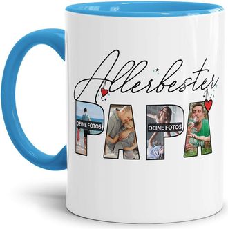 Tassendruck Fototasse mit Spruch - Allerbester Papa - zum Selbst gestalten mit Foto-Collage für 4 Fotos, Innen & Henkel Hellblau, 300 ml