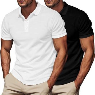 Generic Lot de 2 polos gaufrés à manches courtes pour homme, col boutonné, respirant, léger, Polo De Hombre Noir+Blanc, S