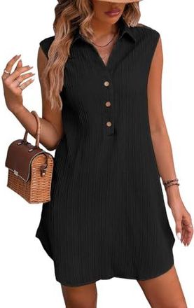 Cupshe Mini robe dété à col en V sans manches avec boutons sur le devant et ourlet incurvé pour femme, noir, Taille XL