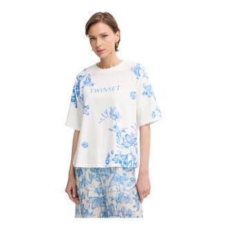Twinset Blumen-T-Shirt mit Logo - - Tops - Damen - Wei&szlig; - S