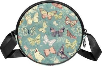 Generic Petit sac &agrave; bandouli&egrave;re circulaire pour femme, motif papillons et feuilles, sac &agrave; dos &agrave; bandouli&egrave;re r&eacute;glable avec fermeture &eacute;clair, sac &agrave; main rond d&eacute;