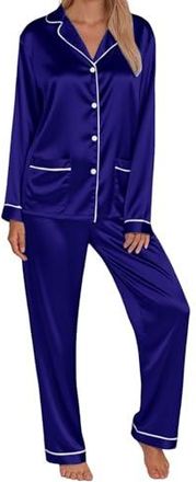 Generic Pyjama de Noël assorti à manches longues en satin de soie - Coupe ample et confortable - Chemise boutonnée et pantalon de pyjama, noir foncé, XXL