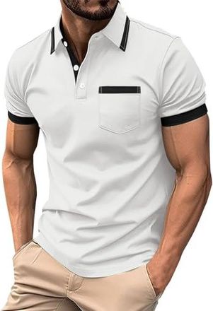 Generic Polo classique &agrave; boutons pour homme, coupe classique, v&ecirc;tement de travail d&eacute;contract&eacute;, chemise vintage, l&eacute;ger et respirant, tunique de vacances, blanc