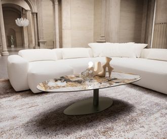 DELIFE Couchtisch Edge Oval 140x75 cm Keramik Patagonia Poliert Vibany Metall Effektfinish Titan, Couchtische
