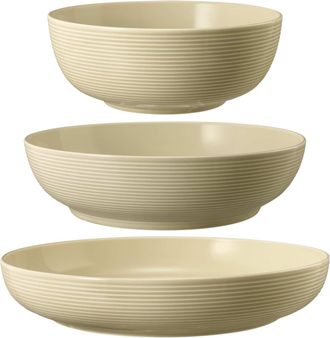SELTMANN WEIDEN Beat Color Glaze Foodbowl Set 3-teilig, Servierschalen-Set mit Rillenrelief, 20 | 25 | 28 cm, Porzellan, Sandbeige