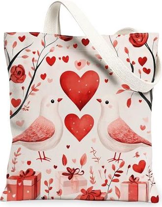 Generic Sac fourre-tout en toile motif colombes pour le shopping, 33 x 38 cm, cadeau de Saint-Valentin, arbre de rose, sac d&eacute;picerie r&eacute;utilisable pour femme, 