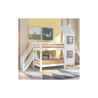 Liberte Libert&eacute; - Lit superpos&eacute; enfant avec fen&ecirc;tre et protection antichute - Cadre en pin blanc - Dimensions matelas 90x200cm - Escaliers lat&eacute;raux s&eacute;curis&eacute;s