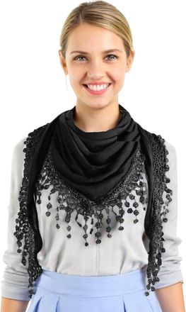 GFM Einfarbiger Triangelschal aus Jersey mit Spitze und Quasten (TRI-PLN-KL-Schwarz)